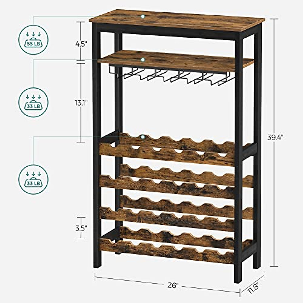 SONGMICS 24-Bottle Freestanding Wine Rack, Wine Storage Display Shelves with Tabletop and Glass Holder, Bar Rack with Bottle Holder for Kitchen Bar Dining Room, Rustic Brown and Black UKWR028B01
