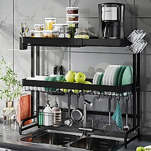 Over Sink Dish Drying Rack, Trustmade 3 Tier Full Stainless Steel Large Storage Adjustable Dish Rack (23.5''-36.6''), Expandable Kitchen Dish Drainer Shelf Rack with Hooks, Utensil Holder(Matte Black)