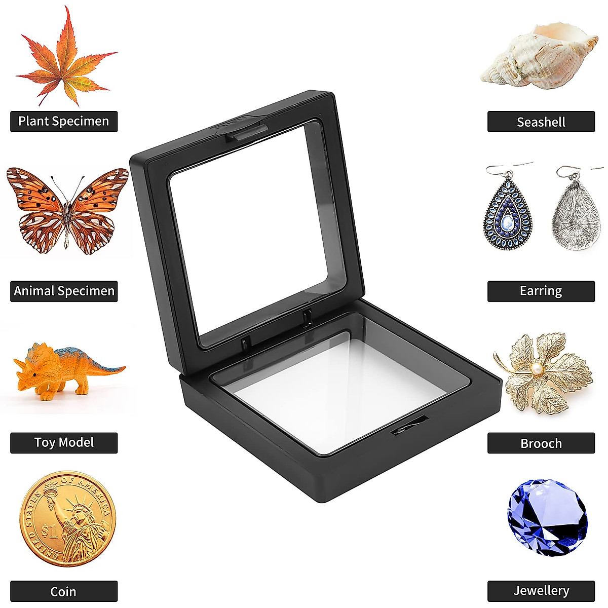 Jutieuo 4Pcs 3D Floating Frame with Stand, Challenge Coin Display Holder, Small Shadow Box for Earrings, Rings, Brooch, Military Medal, Black, 2.75x2.75 inches