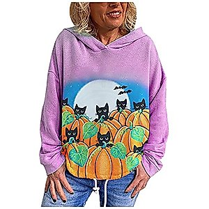 Halloween Hooded Pullover for Women Loose Cute Pumpkin Cat Graphic Tops Casual Daily Hoodie Blouse Top Pink