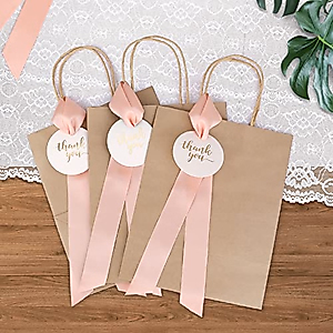 Lesumoo 12 Pack Thank You Gift Bags with Pink Ribbons and Thank You Cards, 8x4.75x10 Small Brown Gift Bags for Wedding Guests Bridal Shower Birthday Party