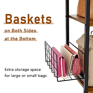 Purse Organizer with Side Hooks and Baskets for Purse Storage, Floor-Standing 3-Tier Purse Rack with Adjustable Feet, High-Capacity Bag Organizer for Closet, Iron and Wood Purse Holder, Patent Pending