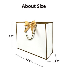 TKSBAG 12PCS Gift Bags with Handles, 12.5 x 9.8 x 4.3 Gift Bags Large, White Gold Thank You Bags with Bow Ribbon for Wedding, Birthday, bridesmaid, Groomsmen, Christmas