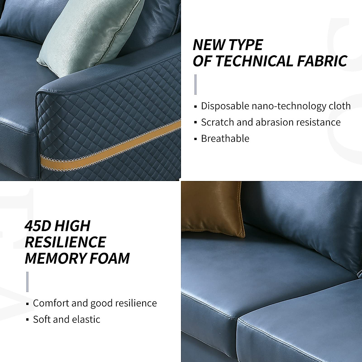 72 inch Small Sofa, Mid-Century 3-Seat Loveseats for Living Room, l Couch Witch 2 Pillows, Faux Leather Dorm Sofa for Apartment, Studio and Small Space, Blue