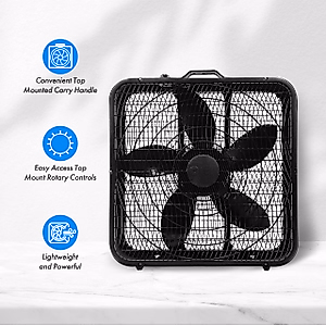 Comfort Zone Box Fan with Carry Handle, 20 inch, 3 Speed Full-Force Air Circulation with Air Conditioner, Floor Fan, Bedroom Fan, Airflow 15.03 ft/sec, Ideal for Home, Bedroom & Office, CZ200ABK