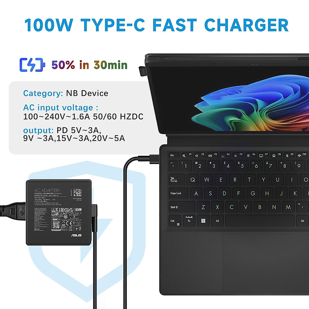 100W Laptop USB-C Charger for ASUS ROG Flow X13 Z13 ROG Zephyrus G14 G15 ROG Strix Scar 15 17 Asus ZenBook 14 14X Pro Duo 15 ASUS TUF Dash 15 F15 Gaming A15 -A20-100P1A 5A AC Adapter