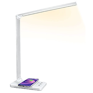 JOSTIC LED Desk Lamp with Wireless Charger, USB Charging Port, Desk Light with 10 Brightness, 5 Color Modes, Dimmable Eye Caring Reading Desk Lamps for Home Office, Touch Control, Auto Timer, White