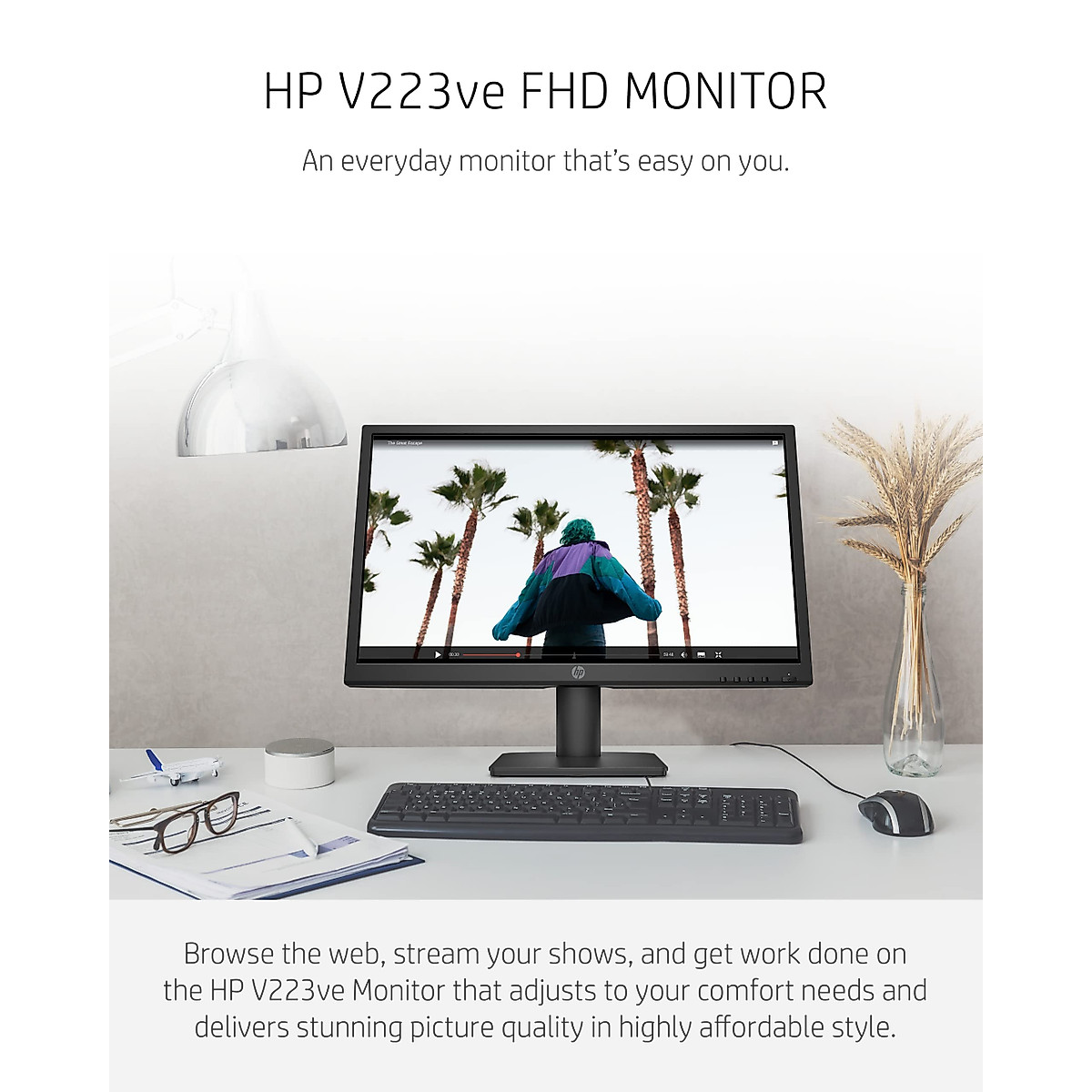 HP V222vb FHD Monitor, 1080p VA Display, 75Hz, 21.5'' Computer Screen, TUV Certified Low Blue Light Mode, Ergonomic Tilt, HDMI&VGA Ports, VESA Mounting (2021), Black (Renewed)