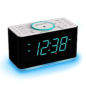 Emerson ER100401 Smartset 15Watt Ultra Fast Wireless Charging Dual Alarm Clock Radio with Bluetooth Speaker, USB Charger, Cyan LED Night Light and 1.4" Display