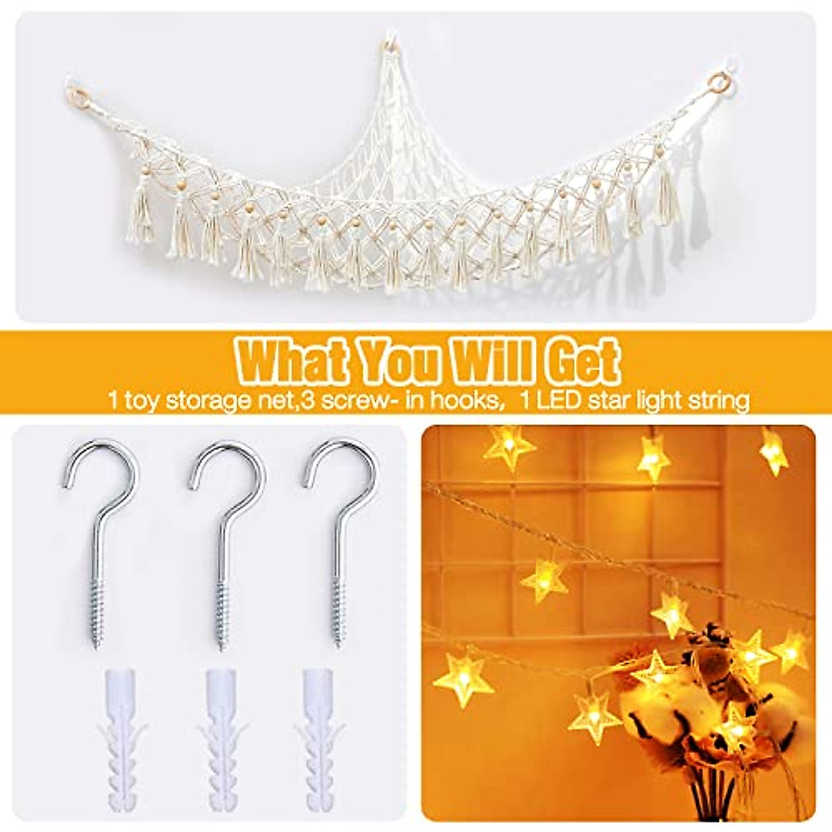 Stuffed Animal Toy Storage net or Hammock with LED Light Toy Net Hammock for Stuffed Animals with 3 Hooks Toy Organizer and Storage for Kids Bedroom