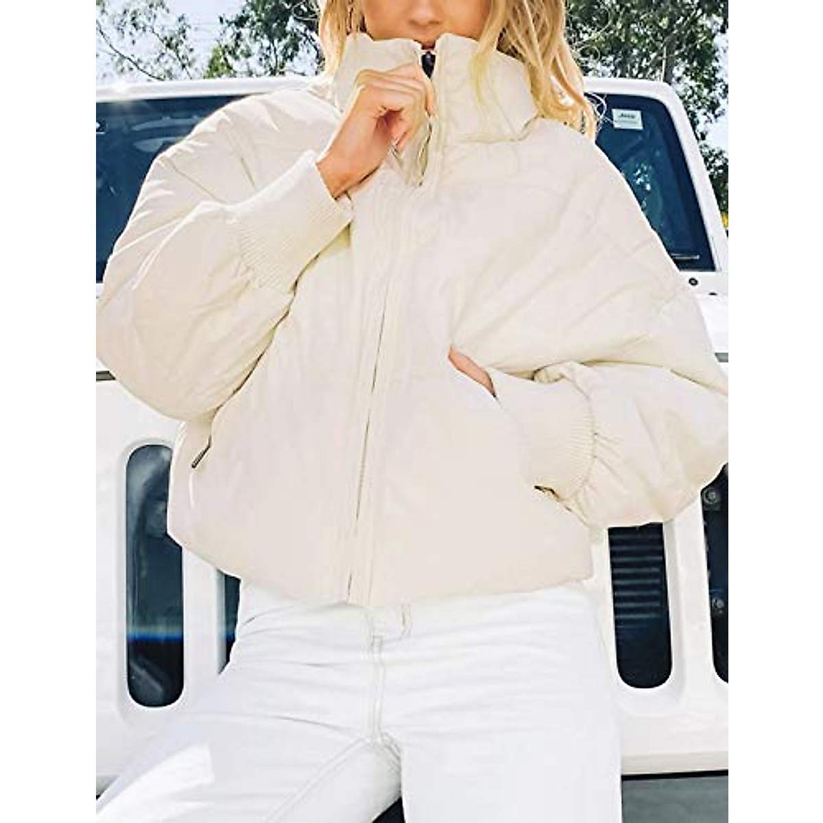 MEROKEETY Women's Winter Long Sleeve Zip Puffer Jacket Baggy Short Down Coats