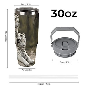 WITHSBKK 30oz Car Cup White Tigers Printed with Portable, Stainless Steel Travel Mug, Vacuum Insulated Tumbler And Straw, Leakproof for Car & Outdoor, UV Printed Design