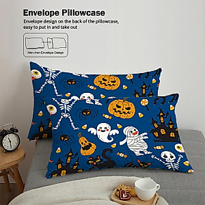Halloween Comforter Sets Pumpkin Bat Cobweb Pattern Bedding Set Plaid Duvet Cover Soft Microfiber Halloween Theme Comforter Cover with 2 Pillowcase and 1 Comforter (Halloween2,Twin66”X90“)