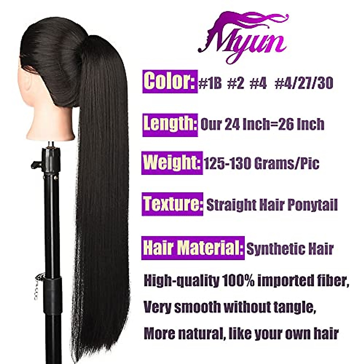 24 Inch (Can Be 26 Inch) Straight Hair Ponytail 2 Clips in Ponytail Hair Extensions Straight Hair Drawstring Ponytail For Ladies 125g/Piece Synthetic Hairpiece Ponytail Smooth &Soft Natural Black(1B)