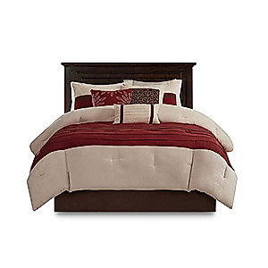 Madison Park Palmer Comforter Set-Luxury Faux Suede Design, Striped Accent, All Season Down Alternative Bedding, Matching Shams, Decorative Pillow, Bed Skirt, King (104 in x 92 in), Red 7 Piece