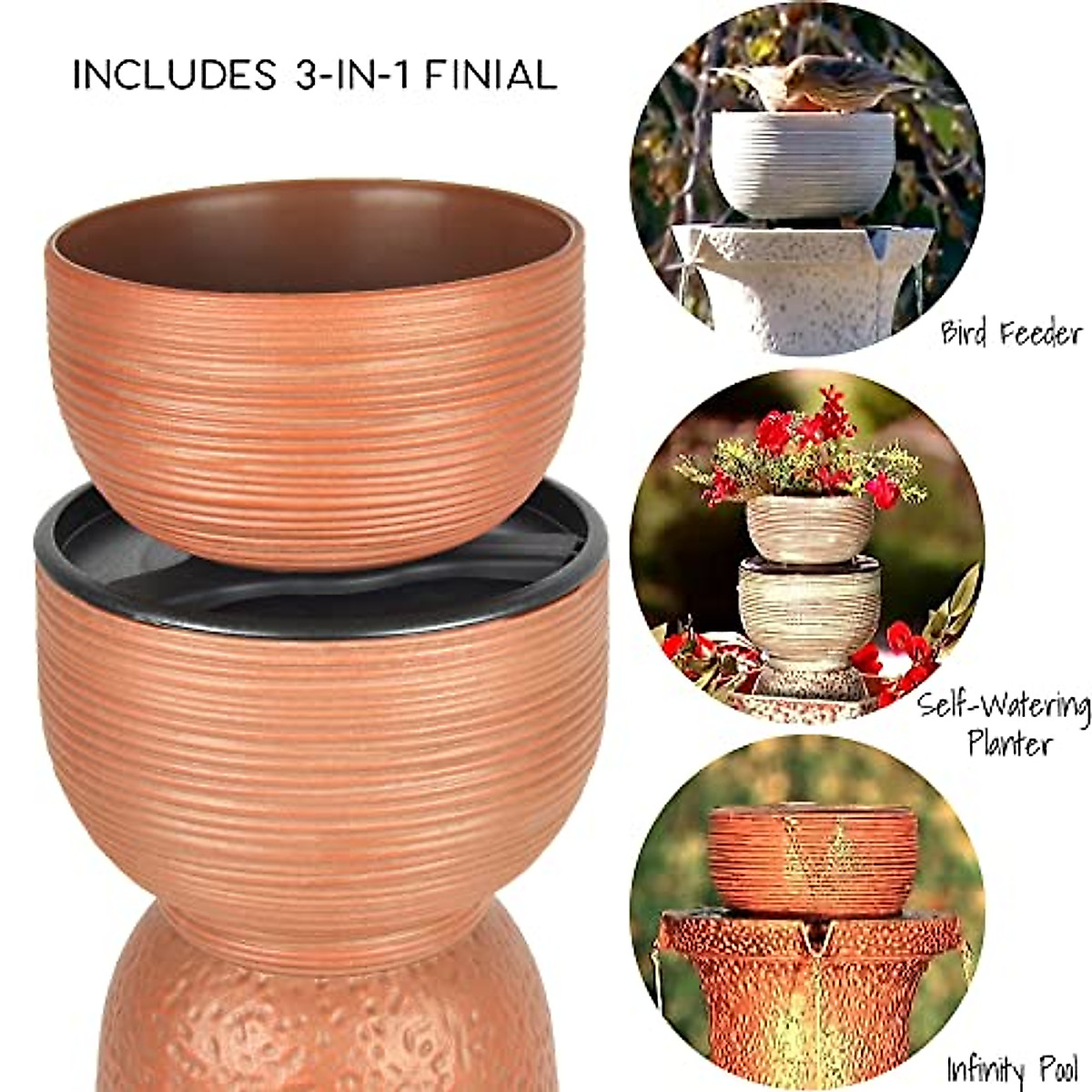 Bernini Veloce 4-in-1 Instant Water Fountain with Planter Turns Any Water Container Into A Decorative Fountain, Flippable Cordless Water Fountains for Soothing Sounds Indoor or Outdoor (Brownstone)