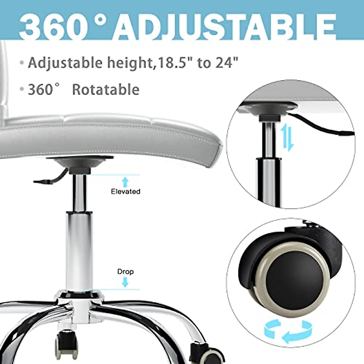 OUTMASTER 360° Office Desk Chair,PU Adjustable Rolling Task Chair with Backrest for Barber,Office,Home, Computer,360° Swivel,Armless