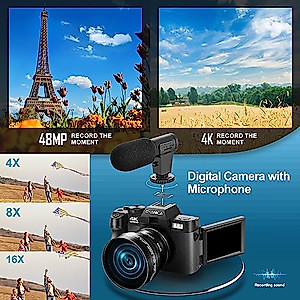 G-Anica 4K Digital Cameras for Photography, 48MP Vlogging Camera for YouTube with Microphone & Tripod Grip, Video Camera with Wide-Angle&Macro Lens, Content Creator Kit & Travel Camera(32GB SD Card)