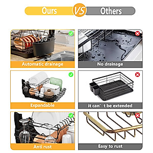 LAMSTOM Dish Drying Rack for Kitchen Organization, 2 Tier Large Dish Rack with Drainage/Wine Glass Holder/Utensil Holder, Bottle Drying Rack Drainboard Set for Countertop, Corners, Windowsills(Black)