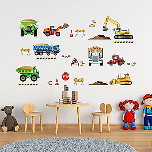 BASHOM BS-103 Large Construction Vehicles Wall Decals Excavator Tractor Truck Stickers for Kids Boys Baby Bedroom Nursery Playroom Living Room Art Decor