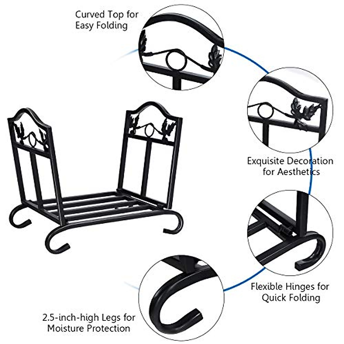 GOFLAME Firewood Log Rack Foldable, Indoor Outdoor Firewood Holder Stacker with Decorative Leaf Pattern and Arched Feet, Patio Firewood Storage Holder for Fireplace Pit
