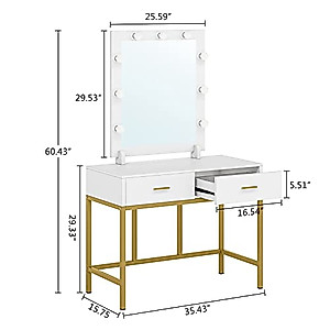 Tribesigns Vanity Table with Lighted Mirror, Makeup Vanity Dressing Table with 9 Lights and 2 Drawers for Women, Dresser Desk Vanity Set for Bedroom, Gold (White)