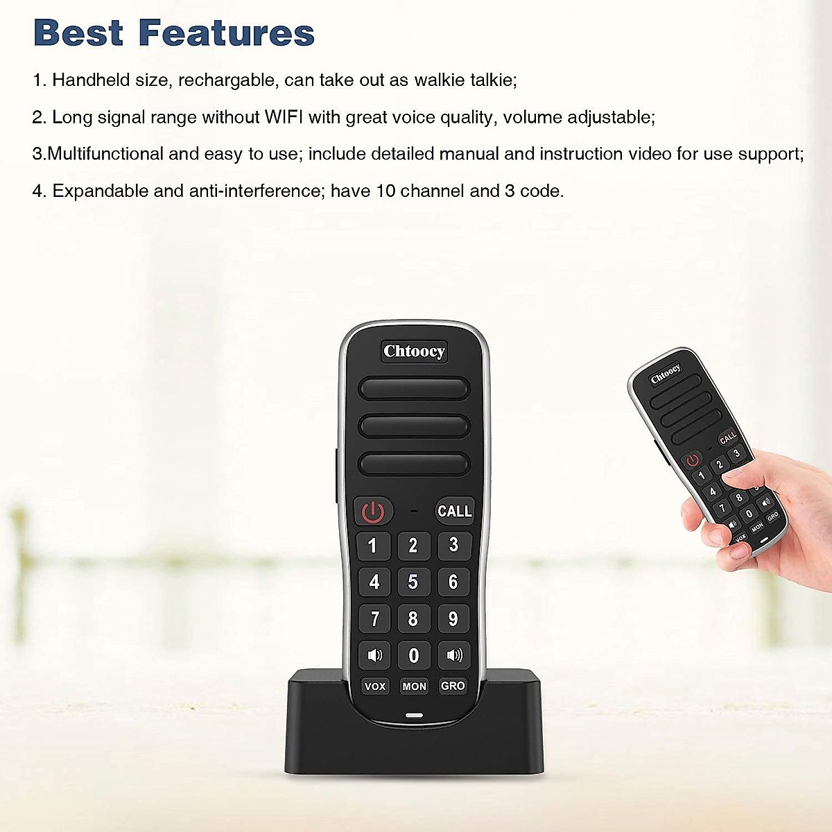 Chtoocy Rechargeable Intercoms Wireless for Home 1 Mile Range 10 Channel, Handheld Wireless Intercom System for Home Business Office, Home Room to Room Communication System (2 Packs, Black)