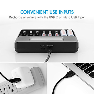 Tenergy TN480U 8-Bay LCD Display Fast Charger for NiMH/NiCD AA AAA Rechargeable Batteries with Mirco USB and USB Type C Input for AA and AAA Rechargeable Batteries