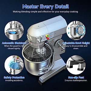 EKway 30Qt Commercial Food Mixer with Timing Function,1250W Commercial mixer 3-Speed Adjustable Heavy Duty, Electric Stand Food Mixer with Stainless Steel Bowl for Bakery Pizzeria. (Standard)