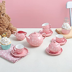 fanquare Play Tea Set for Little Girls, Polka Dot Porcelain Tea Set, Tea Gift Set for Holiday, Pink Tea Set