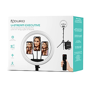 Aduro U-Stream 18" Inch Ring Light Tripod Stand Tall Ringlight with 3 Phone Holders for Vlog Live Stream Videos Makeup YouTube Video Beauty Ring Light Pro with Stand Extendable Phone Tripod