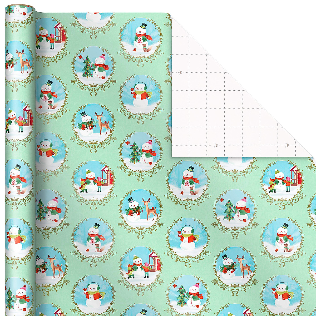 Hallmark Christmas Wrapping Paper with Cut Lines on Reverse (3 Rolls: 120 sq. ft. ttl) Woodland Storybook Critters, Deer, Snowmen, Mint Green and Teal Blue Plaid