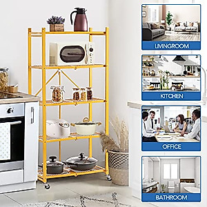 ShanSon Storage Shelves with Wheels 5 Tier Heavy Duty Foldable Metal Rack Storage Shelving Units for Garage Kitchen，Yellow