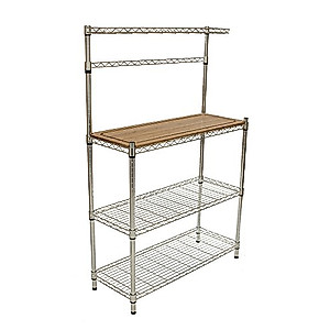 TRINITY EcoStorage Bakers Rack and Pantry Organizer with 3 Shelves, Removable Bamboo Work Surface, and Hooks for Kitchen Organization and Food Preparation, Chrome, 36” W x 14” D x 60” H