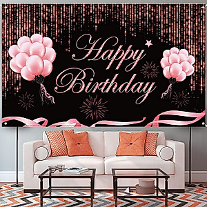 Happy Birthday Backdrop Banner Large Black and Rose Gold Glitter Sign Poster Photo Background for 30th 40th 50th 60th 70th 80th Birthday Party Decorations Supplies