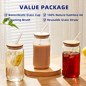 Mzowgzk 6pcs Set-16oz, Glass Cups with Bamboo Lids and Glass Straw - Beer Can Shaped,CuteTumbler Cup,Soda,deal for Cocktail,Iced Coffee Cups,6 Cleaning Brushes glass cups with lids and straws