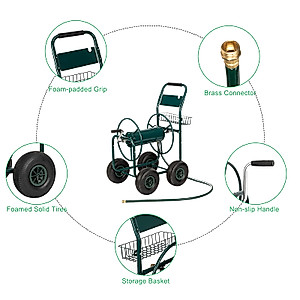 VINGLI 4-Wheel Garden Hose Reel Cart with Storage Basket, Portable Residential Hose Reel Cart, Lawn Watering, for Garden Backyard and Farm (Green)