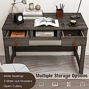 Tangkula Mid-Century Computer Desk with 2 Storage Drawers, Modern Home Office Desk with Storage Cubby, Study Writing Desk, Compact Laptop PC Desk Workstation, Wooden Vanity Desk for Bedroom (Grey)
