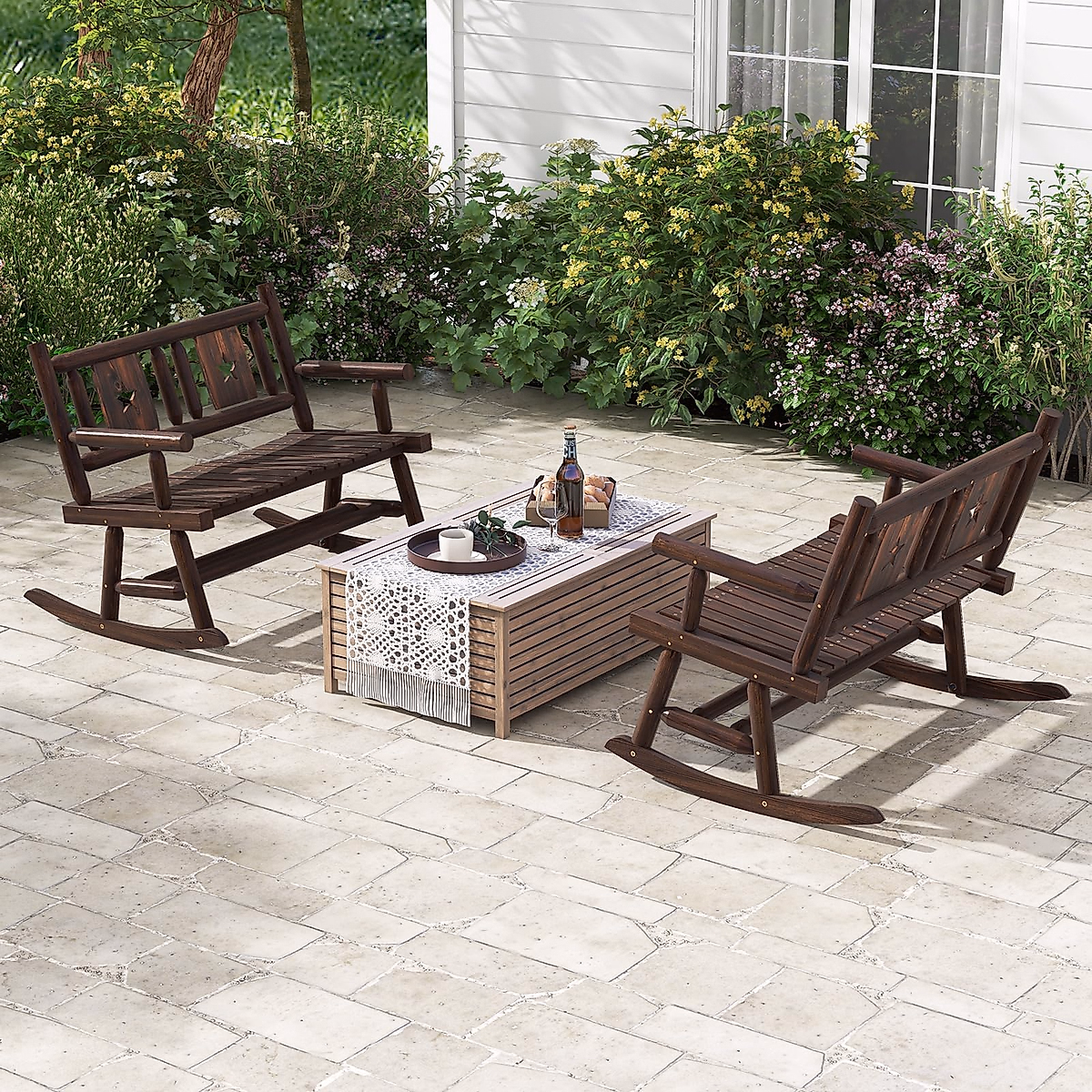 Tangkula Patio Rocking Bench, Carbonized Wood Double Rocker Chair with Ergonomic Seat, 2-Person Solid Wood Rocking Loveseat for Backyard, Porch, Garden, Rustic Farmhouse Style (1, Rustic Brown)