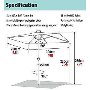 WAHHWF 10x6.5FT Garden Parasol Umbrella with Solar Lights, Rectangular Large Patio Table Umbrella, Deck Pool Outdoor Market Umbrella with Tilt and Crank (Color : Brown)
