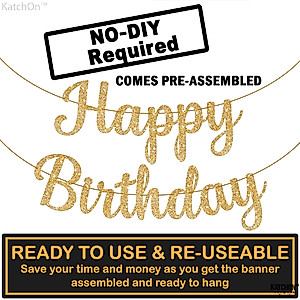 KatchOn, Cursive Glitter Gold Happy Birthday Banner - Pre-Strung, 10 Feet, No DIY | Real Gold Birthday Party Decorations | Gold Happy Birthday Sign for Girls, Gold Happy Birthday Decorations for Women