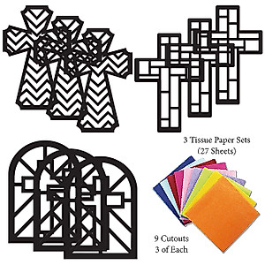 VHALE Suncatchers Craft 3 Sets (9 Cutouts) w Tissue Papers Stained Glass Effect Paper Sun Catcher Kit, Window Art, Classroom Crafts, Creative Art Projects, Kids Party Favors (Cross)
