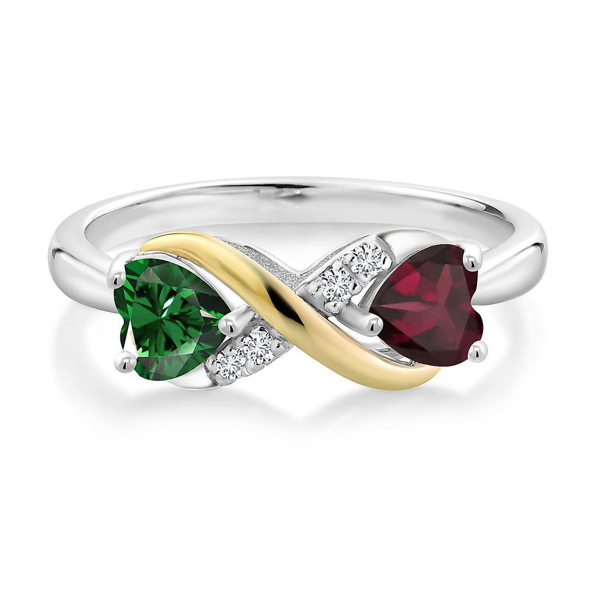 Gem Stone King 925 Sterling Silver and 10K Yellow Gold Green Nano Emerald Red Rhodolite Garnet and White Lab Grown Diamond Ring For Women (1.09 Cttw, Available In Size 5, 6, 7, 8, 9)