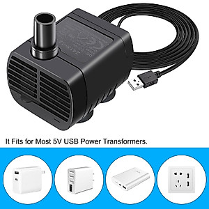 Mini Submersible Water Pump, Ultra Quiet USB Fountain Pump DC 5V, for Pet Water Fountain, Aquarium Fish Tank, Tabletop Fountain, Water Gardens and Hydroponic Systems