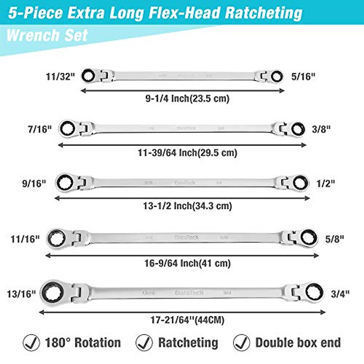 DURATECH Extra Long Flex-Head Ratcheting Wrench Set, Double Box End Wrench Set, 5-Piece, SAE, 5/16" to 13/16", CR-V Steel, with EVA Foam Tool Organizer