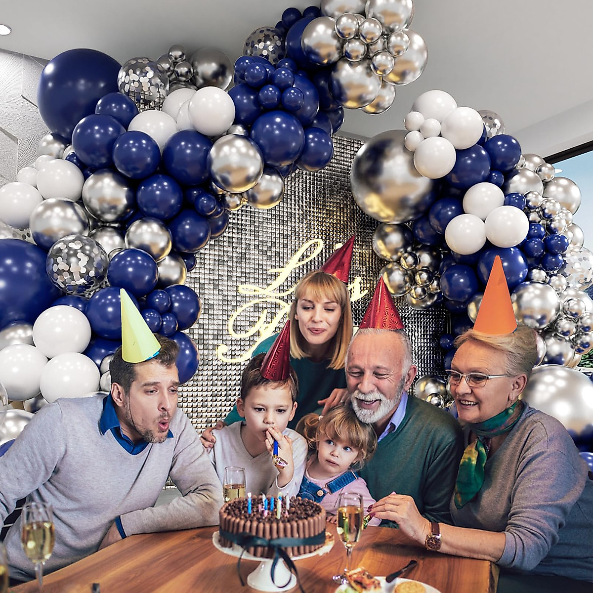 Navy Blue and Silver Balloon Garland Arch Kit, Royal Blue Metallic Silver White Balloons for Birthday Baby Shower Wedding Graduation Party Decorations