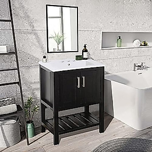 LUCKWIND 24" Black Bathroom Vanity Sink Combo, Modern Bathroom Cabinet with Space Save Bottom Shelf, Overflow 3-Hole Drop in Ceramic Vessel Sink Top & Mirror, Excluding Faucet
