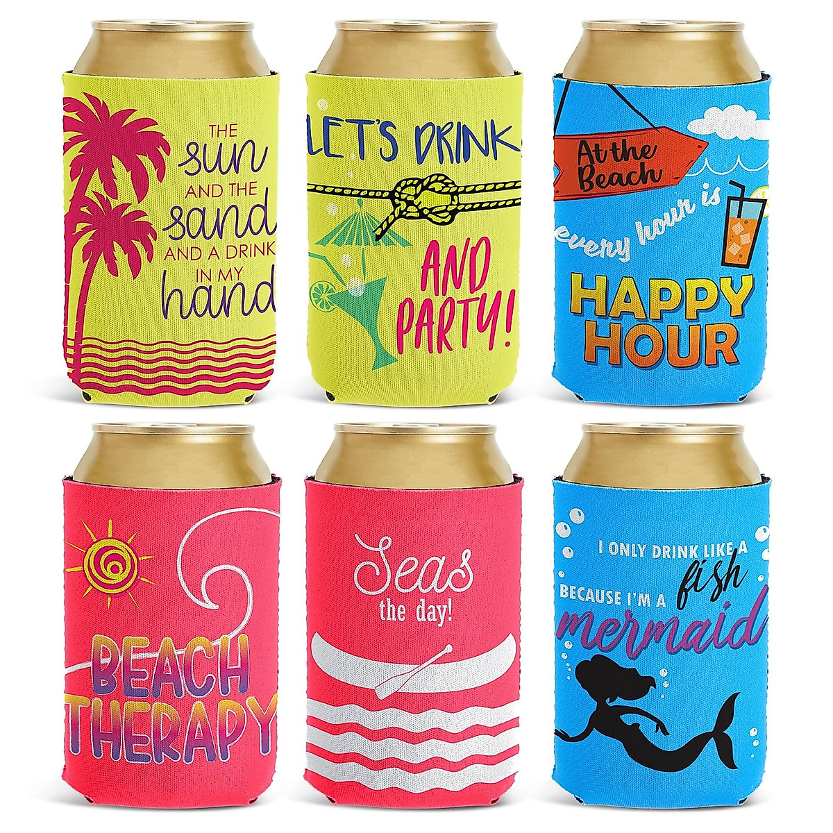 12 oz Beach Themed Neoprene Can Cooler Sleeves for Soda, Beer, Beverages (12 Pack)
