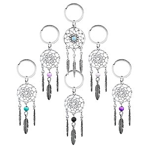 Moon Dream Catcher Kit for Adults - 6Pcs Cute Macrame Dream Catcher Keychain Silver for Bag Home Car Dream Catcher Supplies - Large Dream Catcher Metal Rings - Mini Dream Catcher with Peacock Feathers