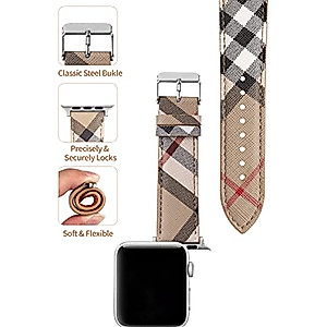 Designer Band Compatible with Apple Watch 41mm 40mm 38mm, Luxury Beige Plaid Elements Soft Leather iWatch Band with Classic Firmly Buckle for iWatch Series9/8/7/6/5/4/3/2/1/SE for Women/Man